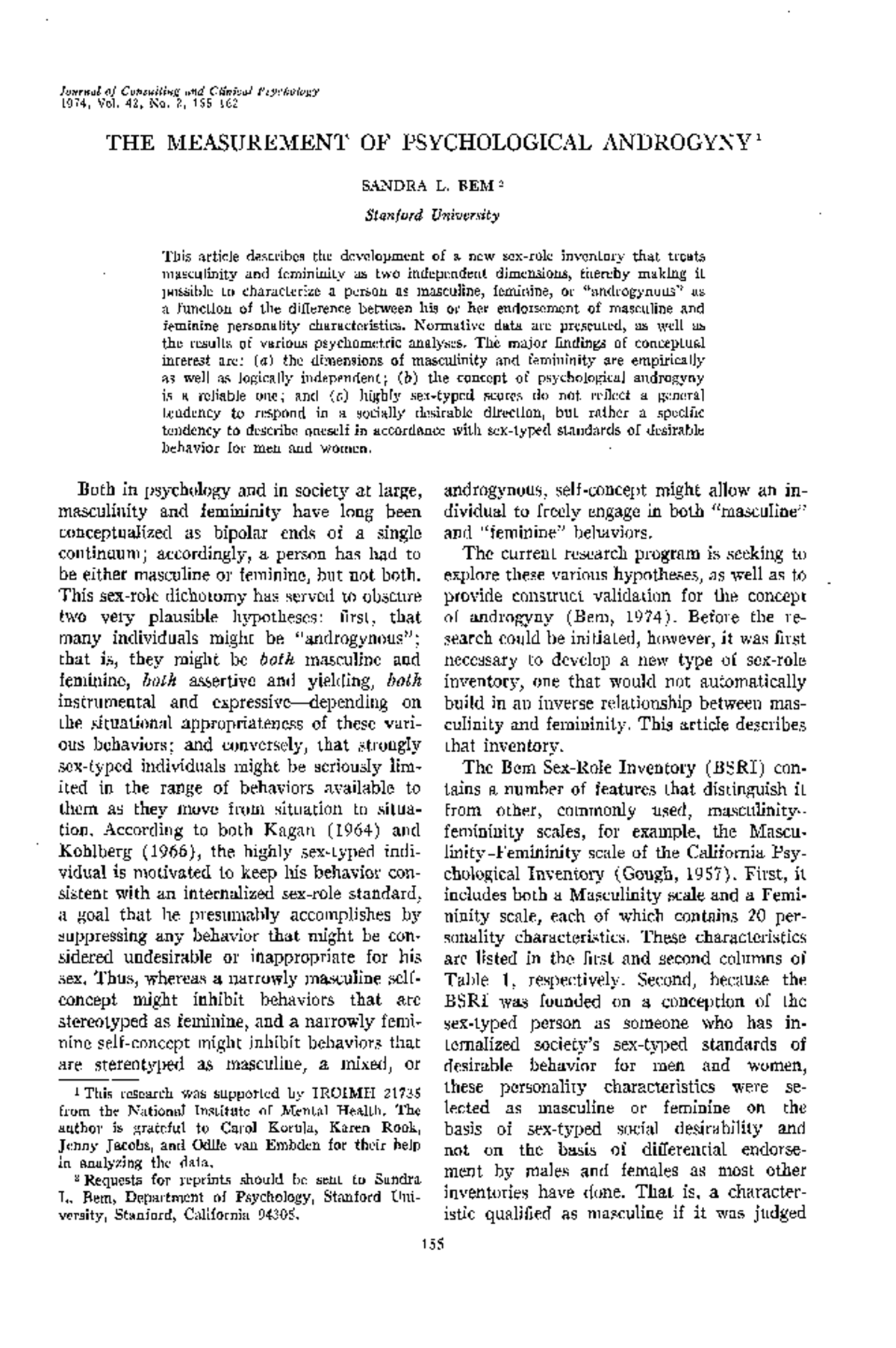 Bem scale 1 - Journal of Consulting and Clinical Psychology 1974, Vol ...