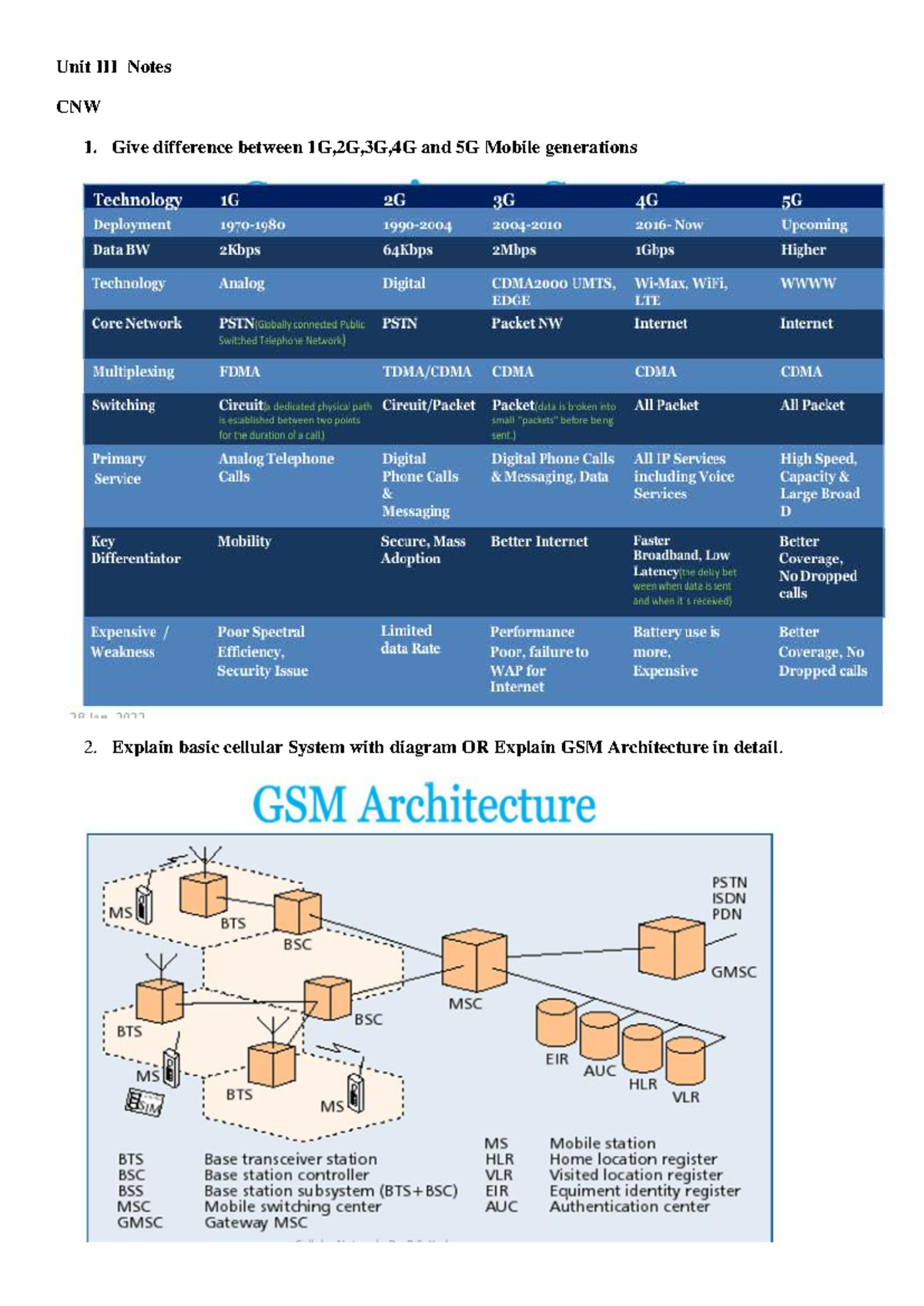 Unit III End Sem Notes: Mobile Generations & Cellular Systems - Studocu