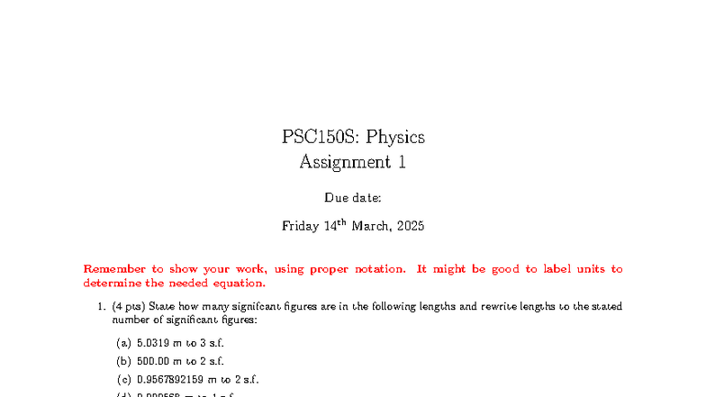 PSC150S: Physics Assignment 1 - Significant Figures & Uncertainties - Studocu
