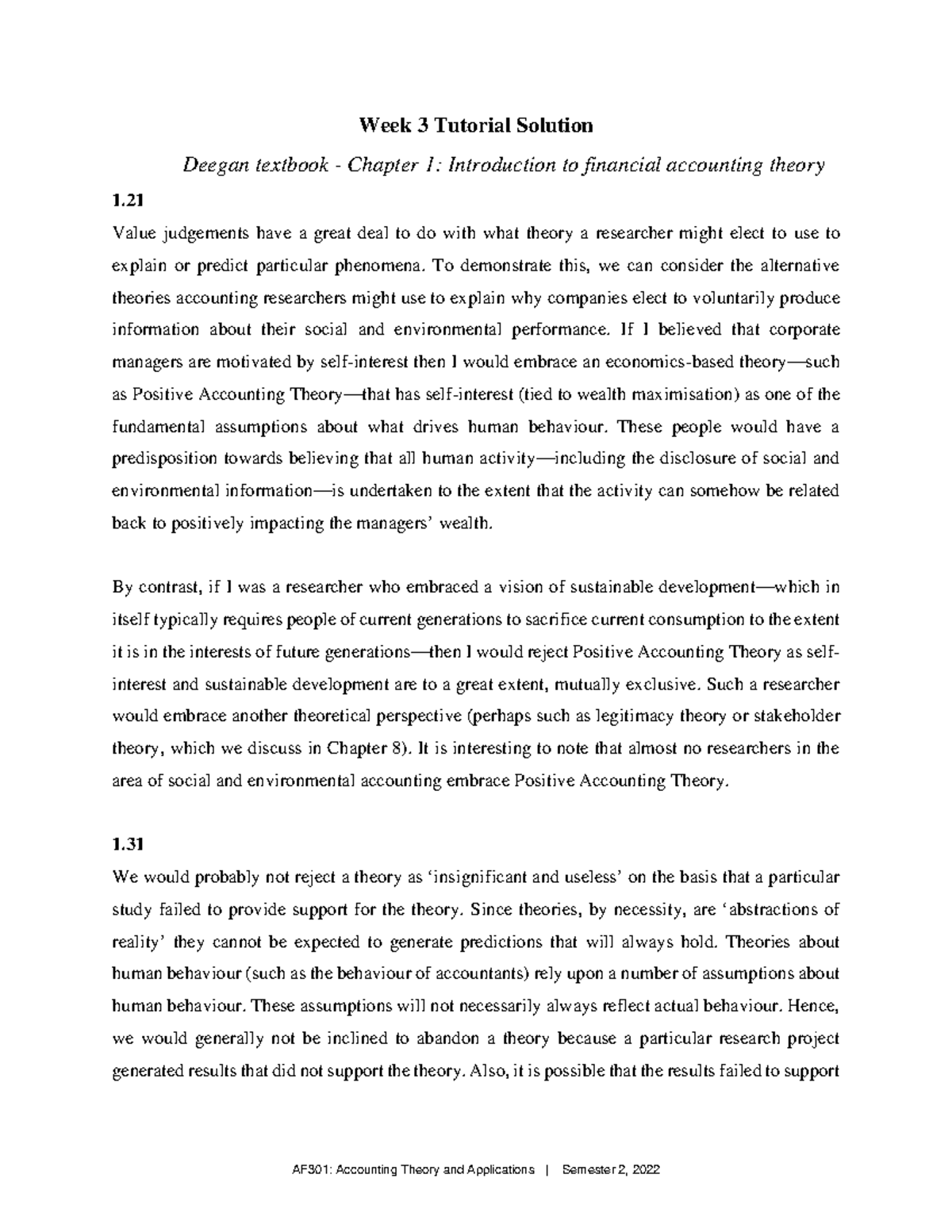 AF301 Week 3 Tutorial Solutions: Financial Accounting Theory Insights ...