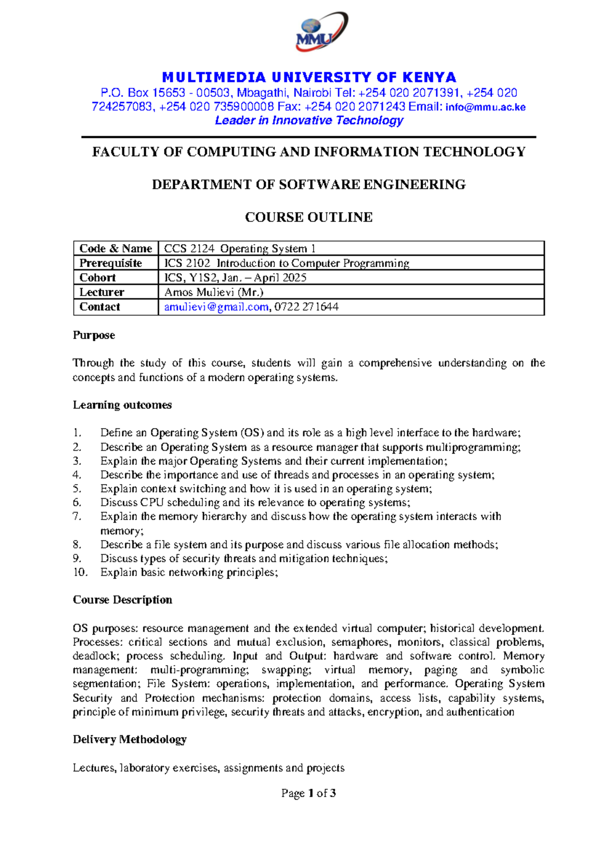 CCS 2124 Operating Systems I Course Outline (Jan-Apr 2025) - Studocu