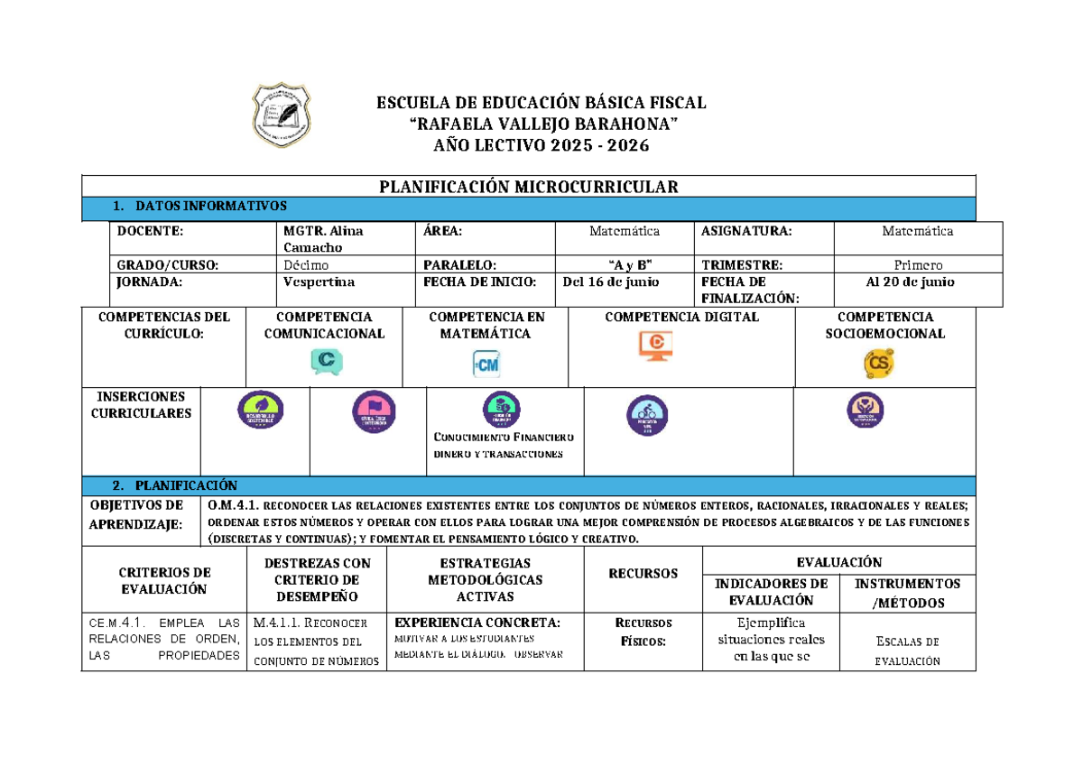 Planificación Microcurricular Matemática Décimo 2025 - 2026 - Studocu
