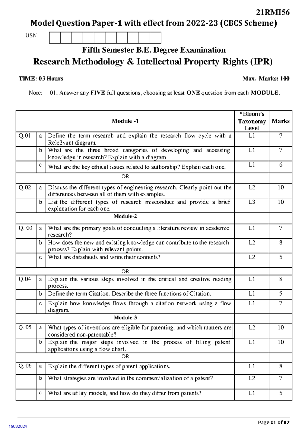 21RMI56 - IPR Research Methodology Model Question Paper 2022-23 - Studocu