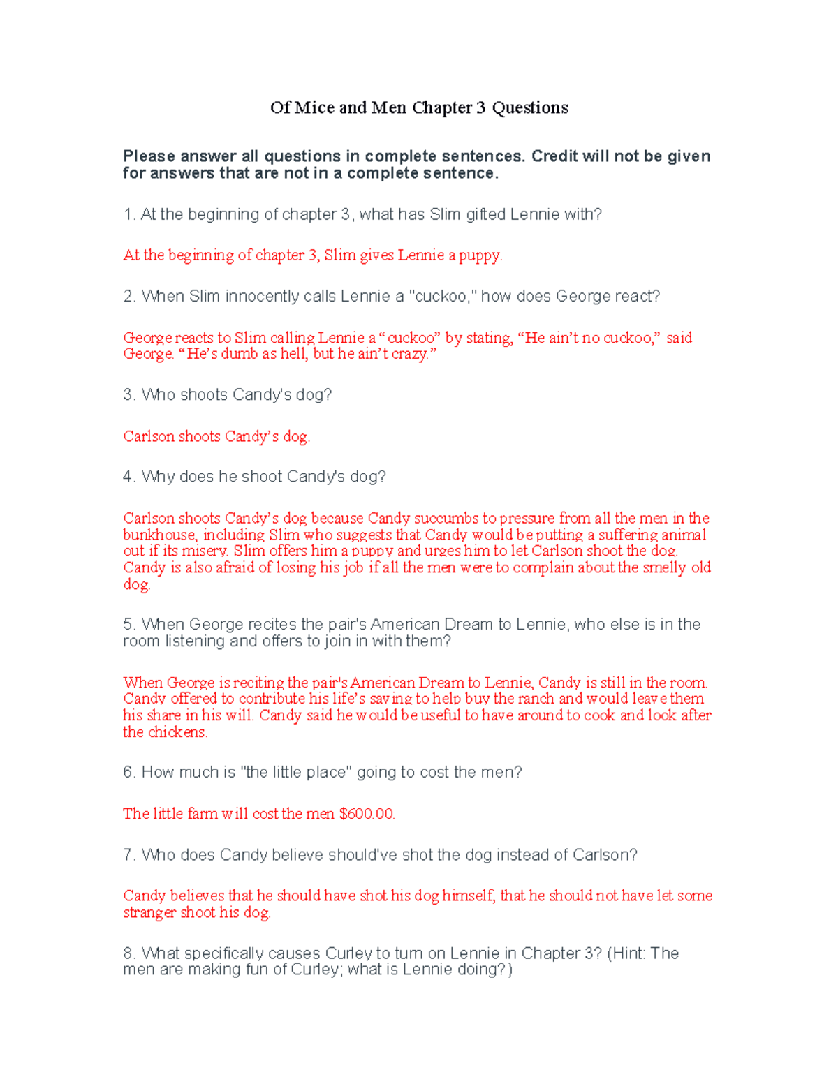 Of Mice and Men Chapter 3 Quiz Questions and Answers - Studocu