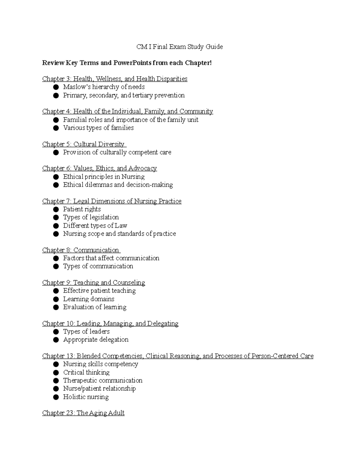 CM1 Final Exam Study Guide: Key Concepts from Nursing Topics - Studocu