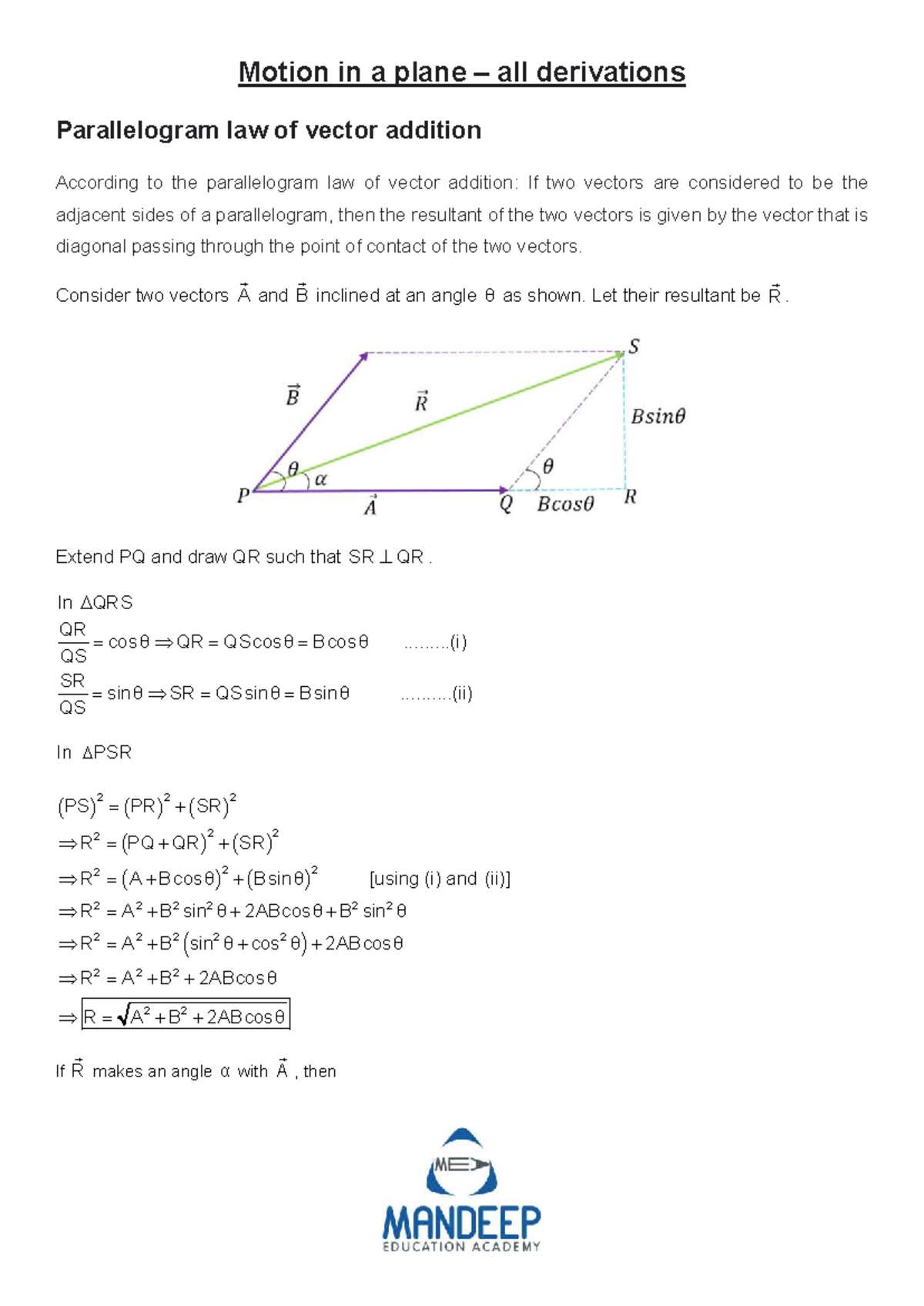 Motion in a Plane: All Derivations for Vectors and Projectiles - Studocu