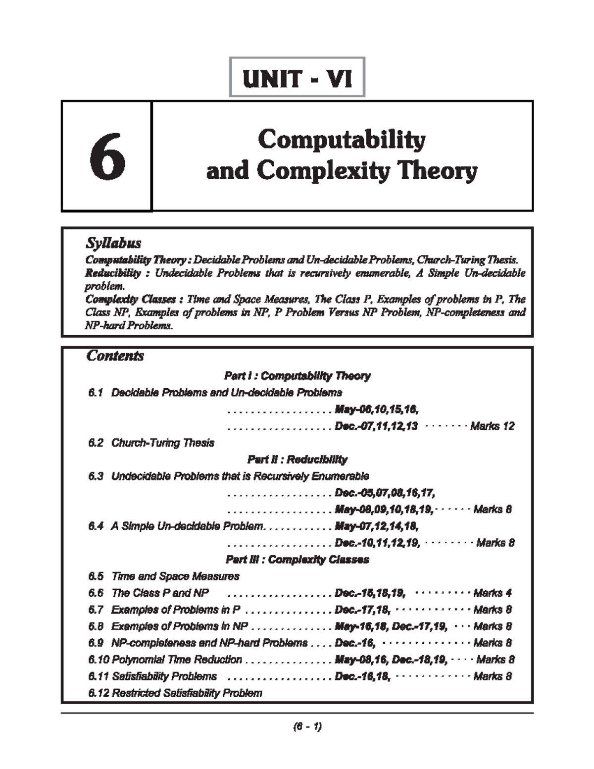 SPPU: Unit VI - Computability and Complexity Theory Syllabus - Studocu
