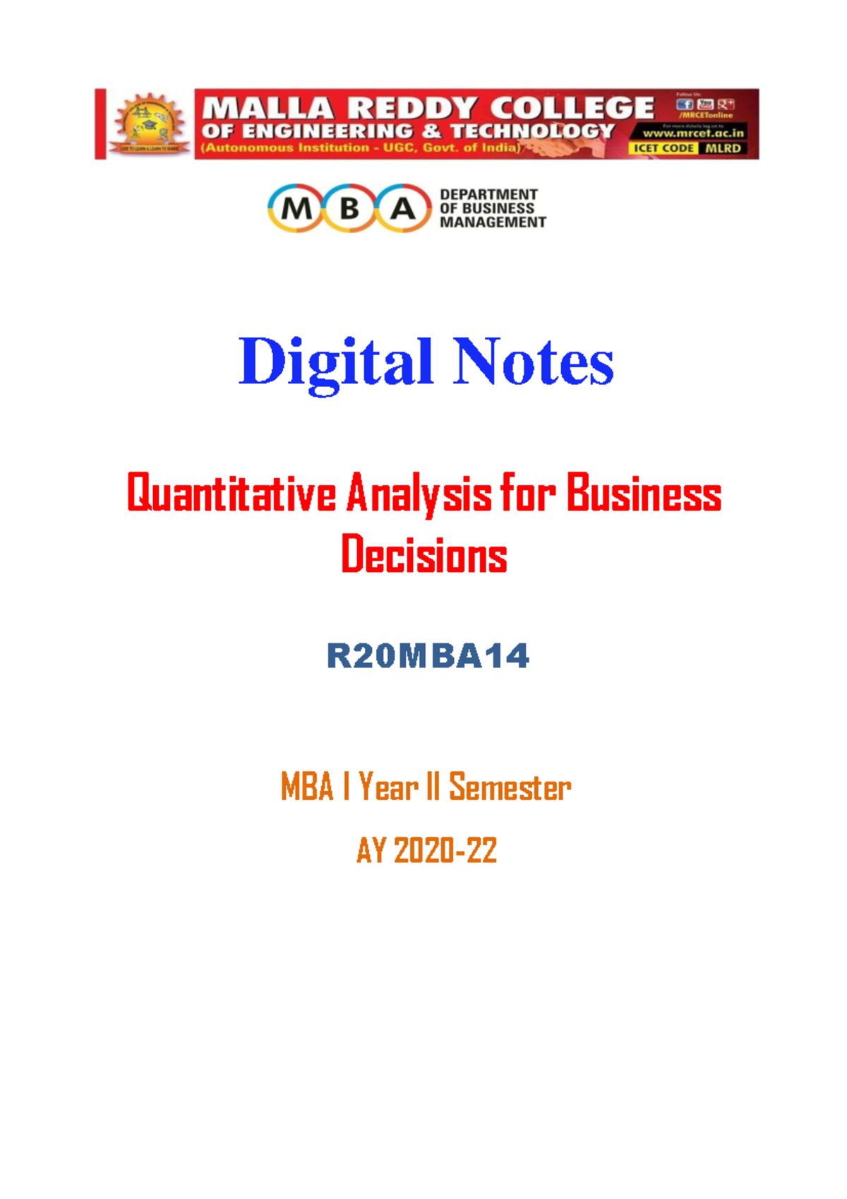Quantitative Analysis for Business Decisions - R20MBA MBA I Year II Sem ...