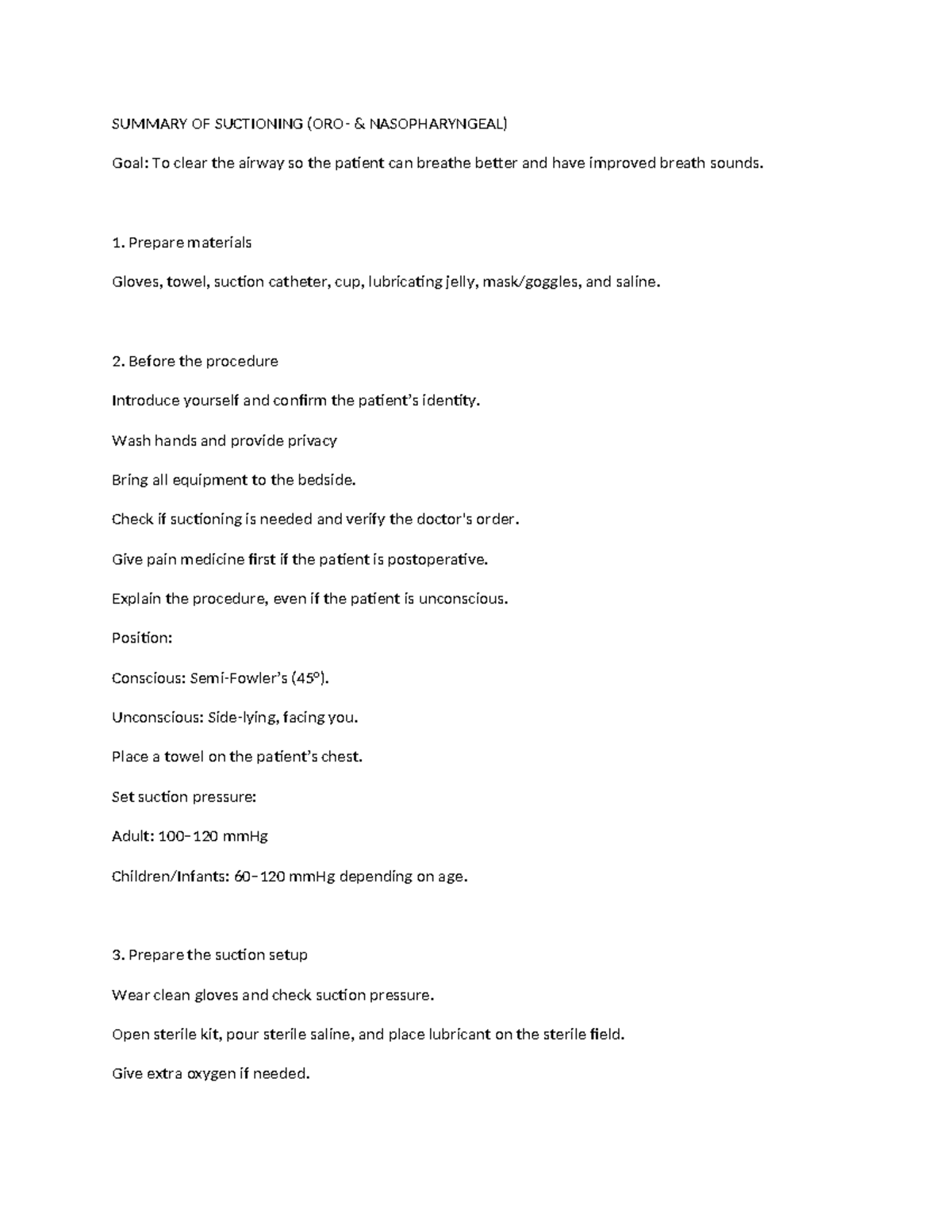 SUMMARY OF NASOPHARYNGEAL SUCTIONING PROCEDURE (WPS) - Studocu