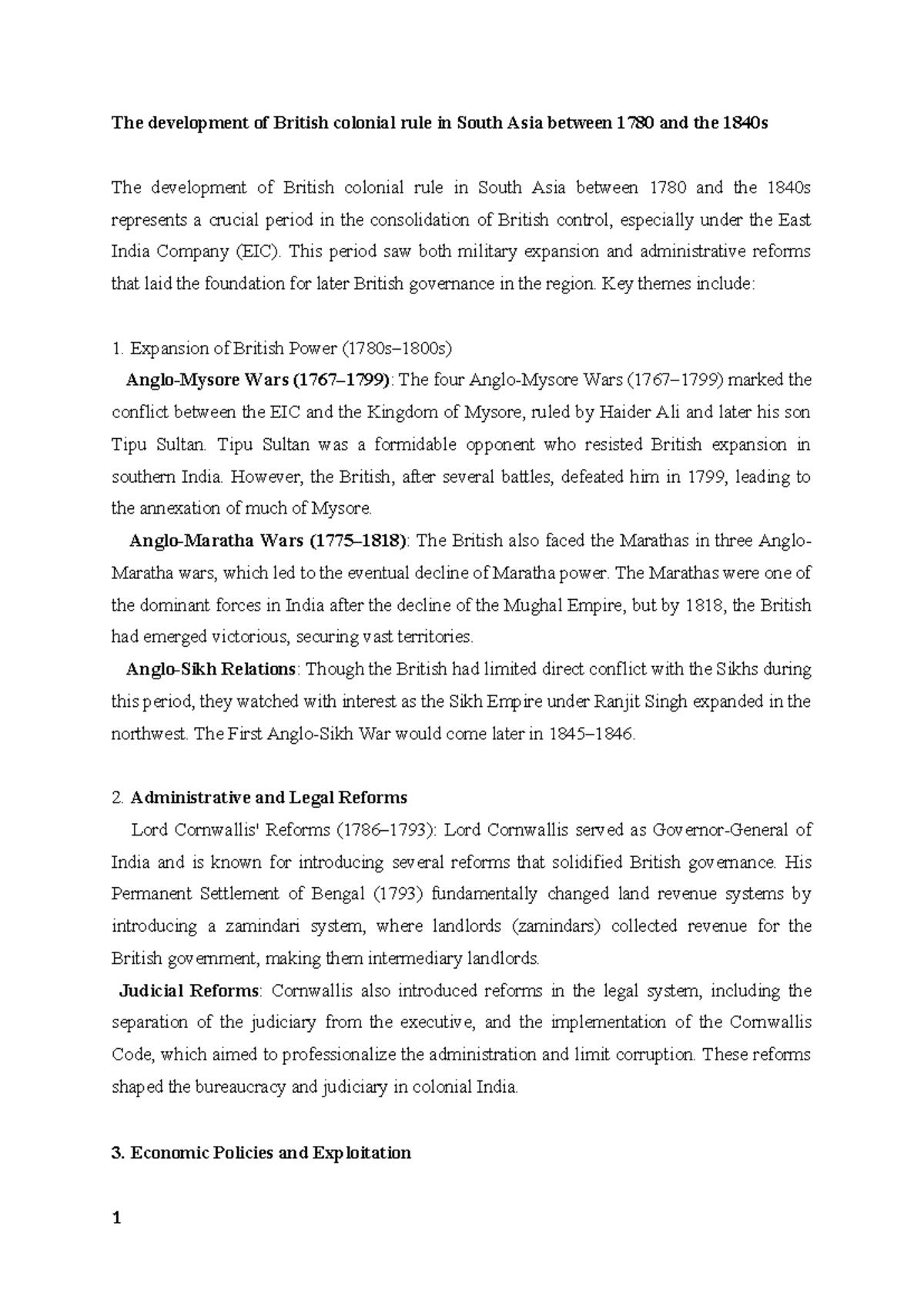 The Development of British Colonial Rule in South Asia (1780-1840 ...