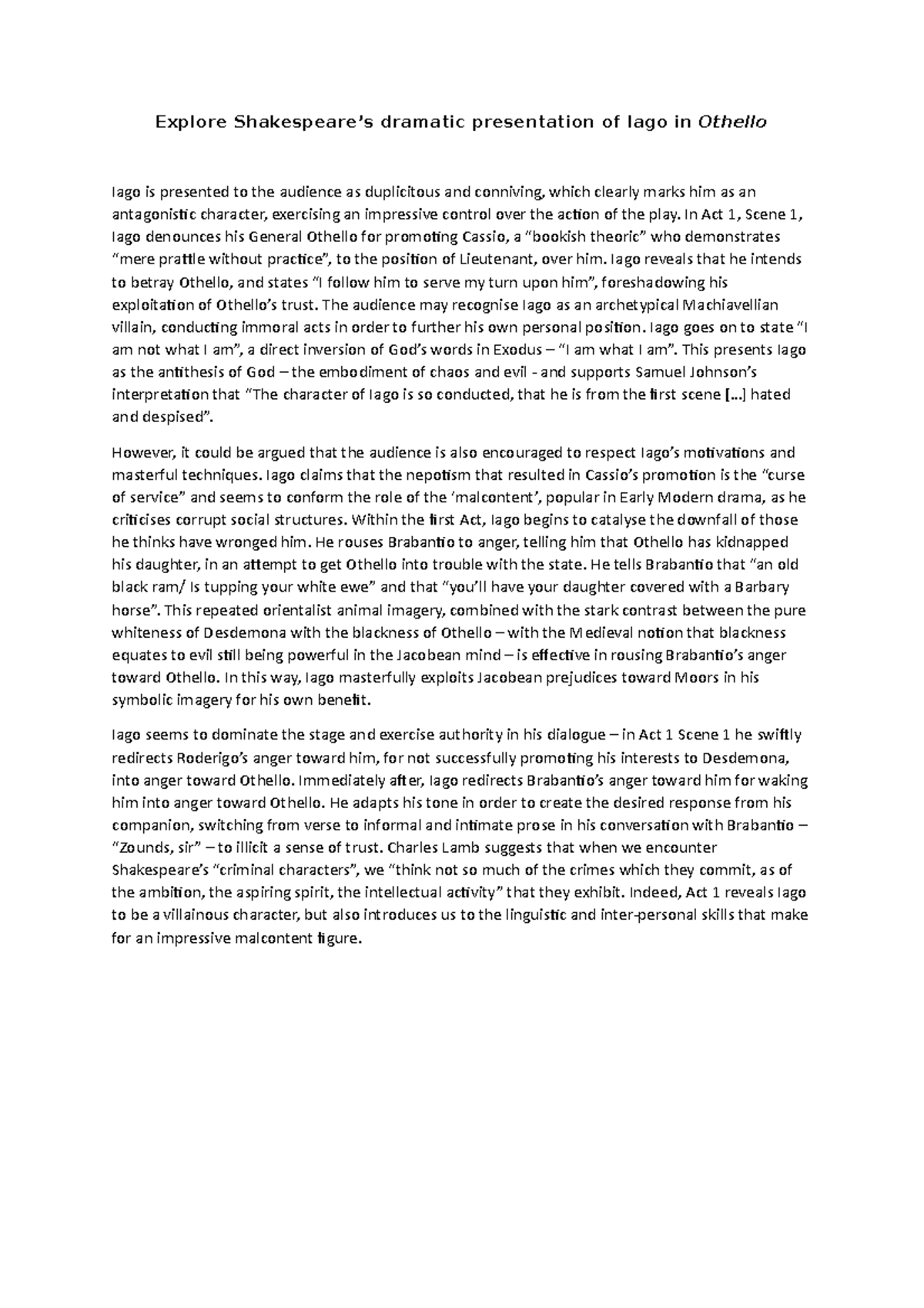 Iago Essay Model - Explore Shakespeare’s dramatic presentation of Iago ...
