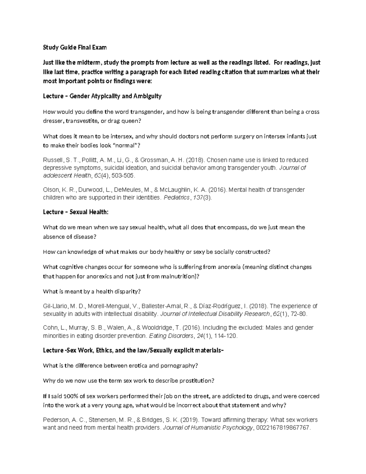 Final Study Guide Fall '23 - Study Guide Final Exam Just like the ...