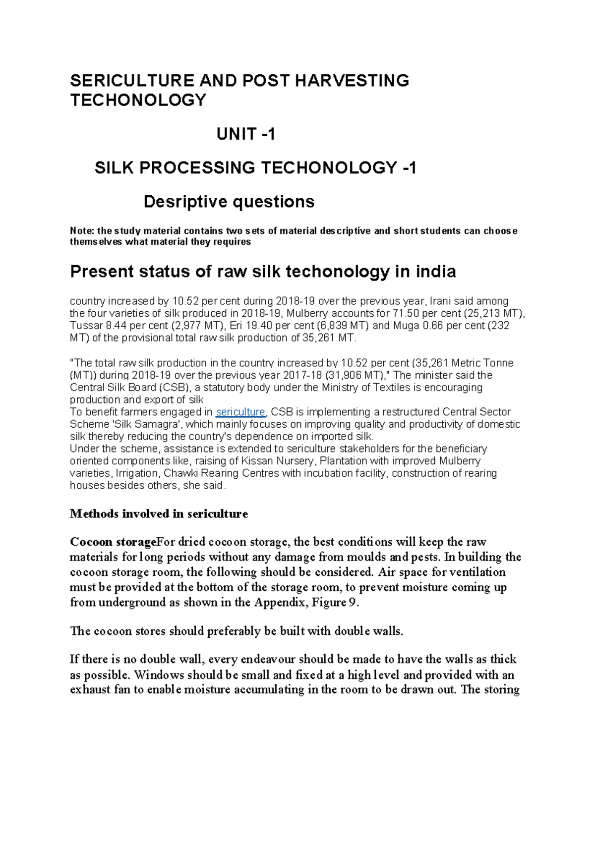 Silk Processing Technology: Sericulture Unit 1 Study Notes - Studocu