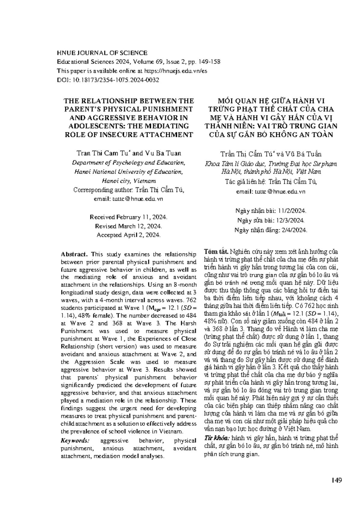 HNUE JOURNAL OF SCIENCE Educational Sciences 2024: Physical Punishment ...