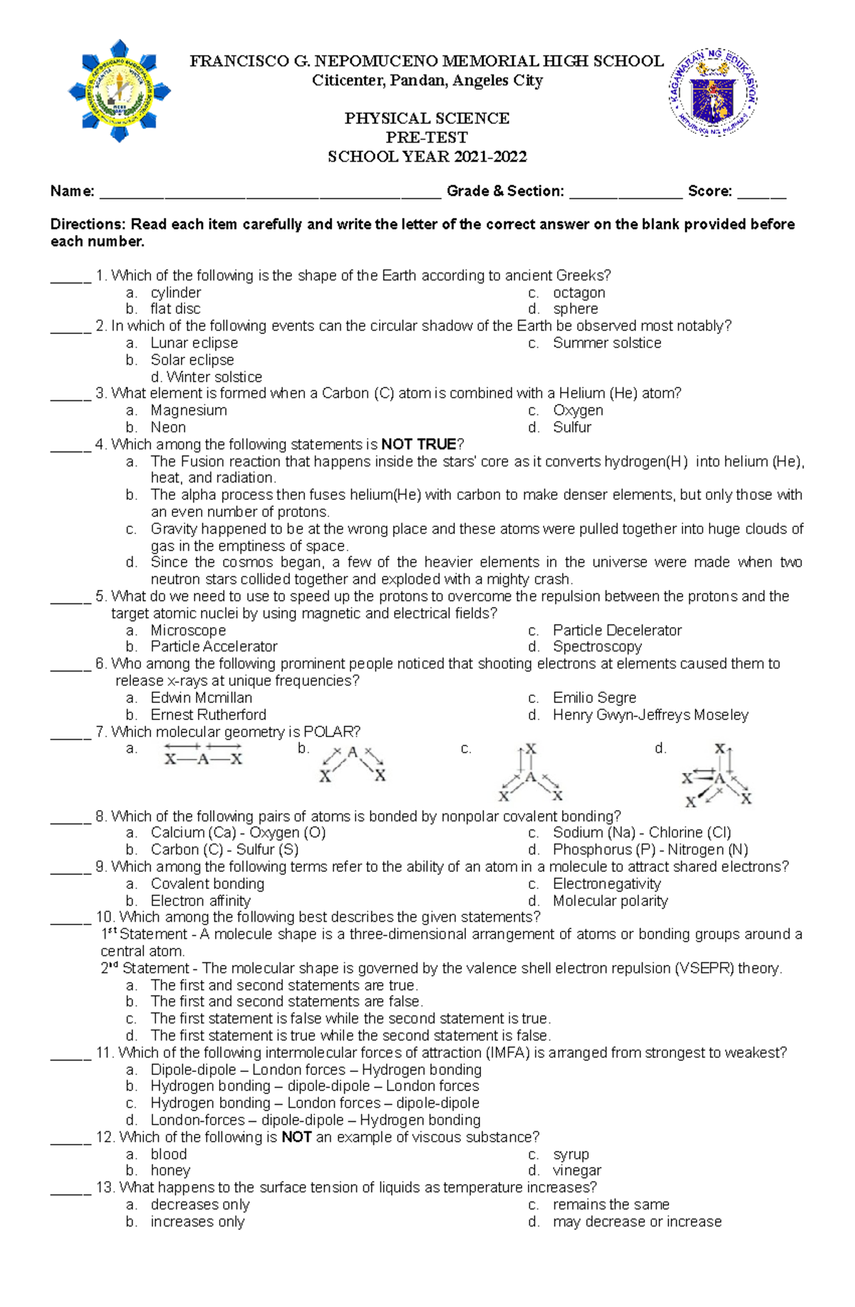 Pre-test in Physical Science Q3: Assessment Questions & Answers - Studocu