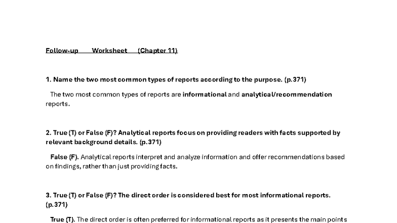 Follow-up Worksheet (Chapter 11): Types of Reports & Key Concepts - Studocu
