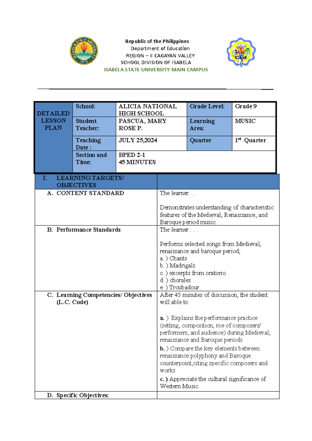 MUSIC 9: Detailed Lesson Plan on Medieval, Renaissance, and Baroque ...