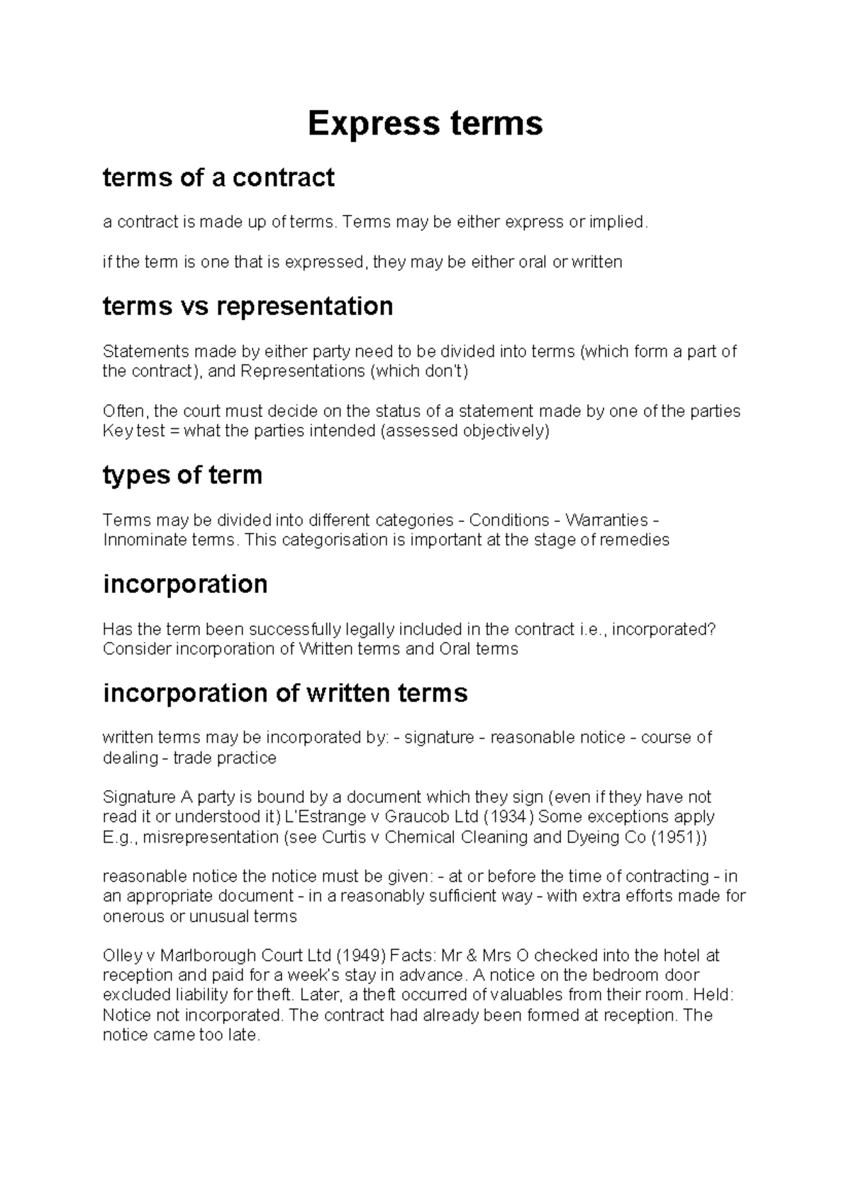 Express terms - Express terms terms of a contract a contract is made up ...