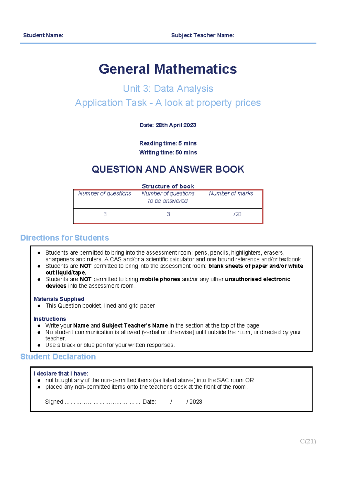 General Math 3 & 4: Data Analysis Practice SAC 3 Solutions - Studocu