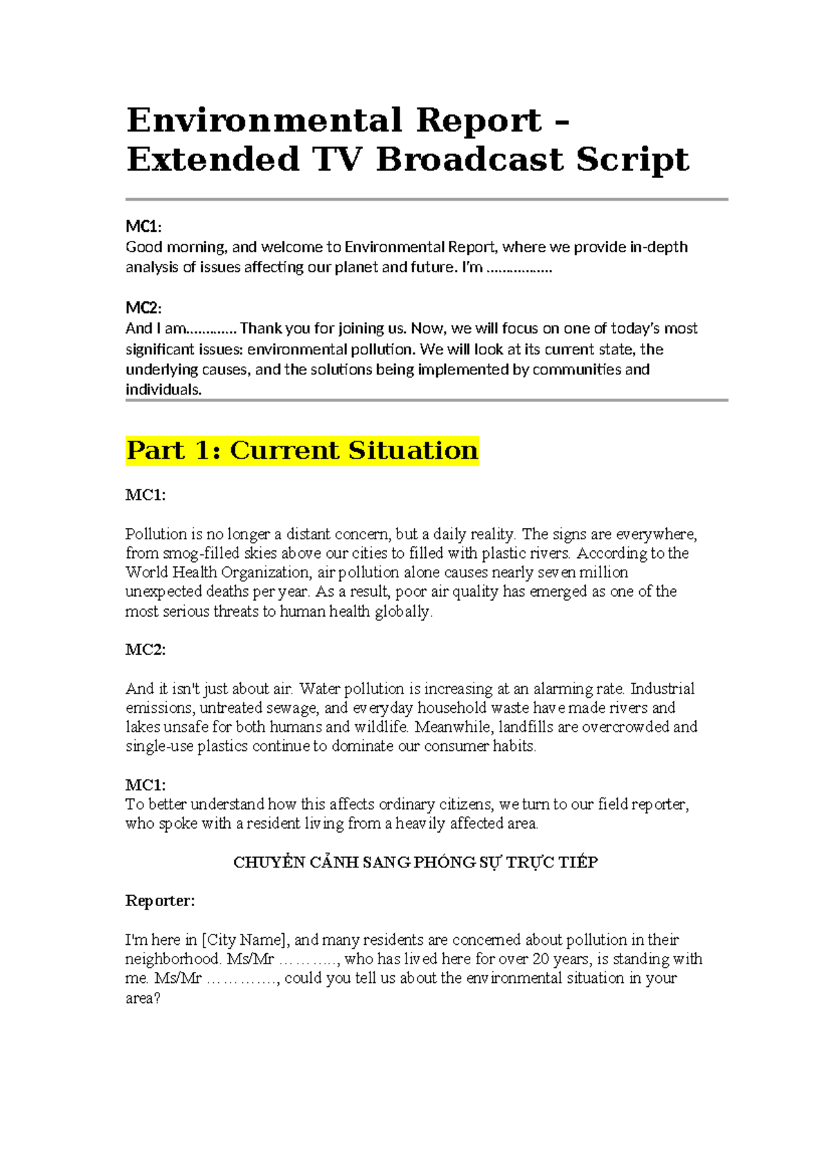 Environmental Report: Extended TV Broadcast Script MC1 - Studocu