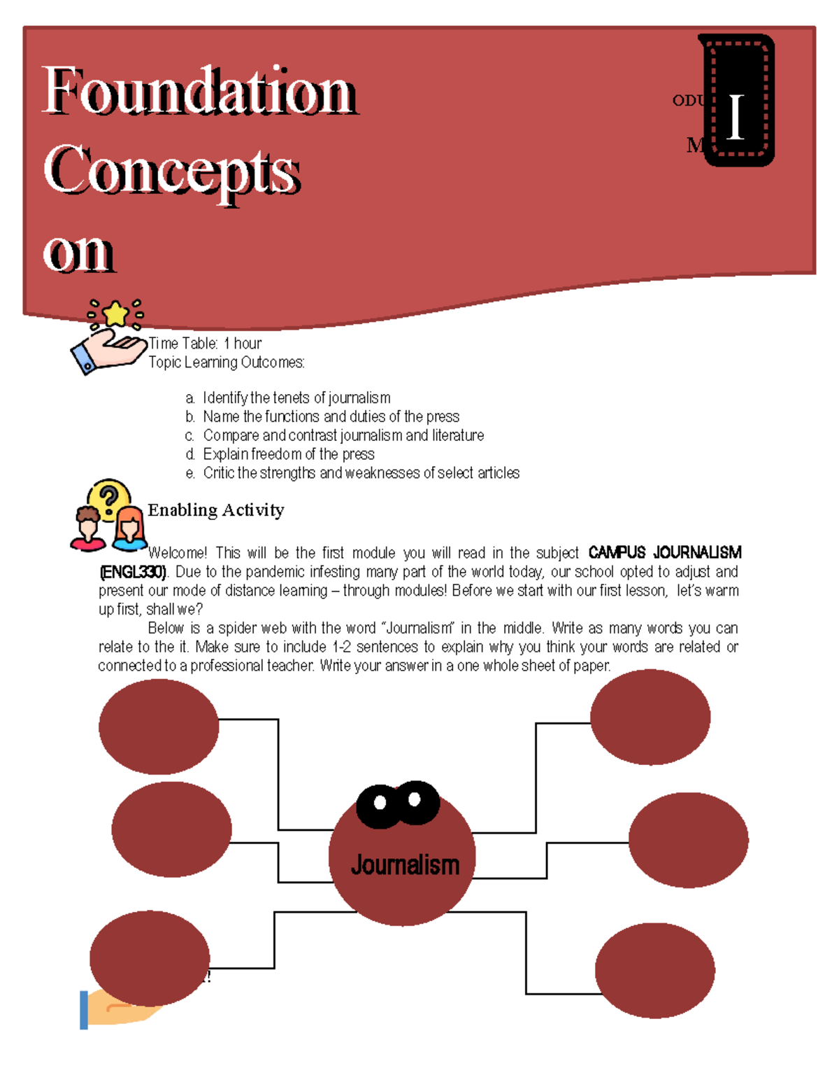 Campus Journalism Module FOR COLLEGE STUDENTS - Time Table: 1 hour ...