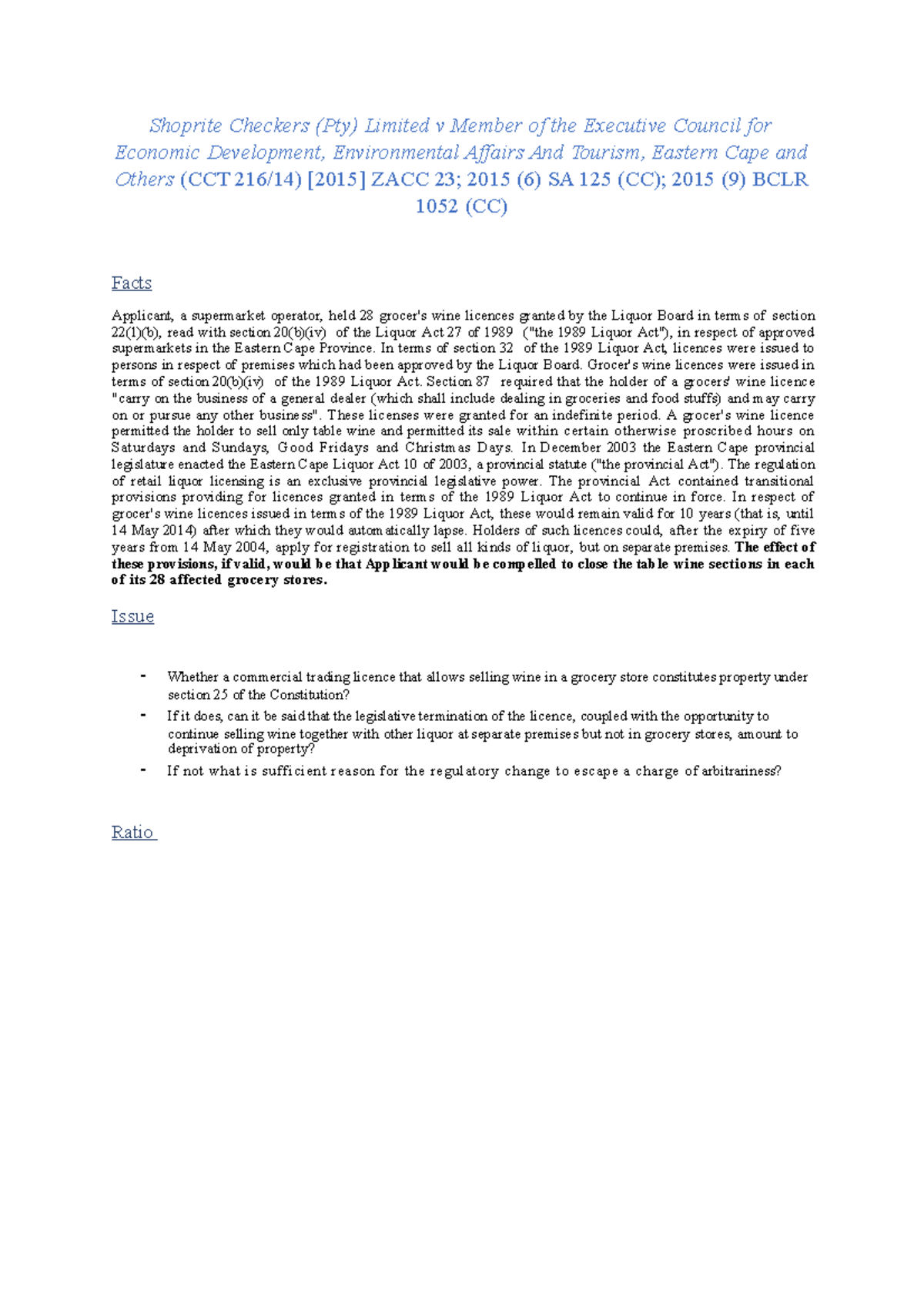 Shoprite Case Summary - Shoprite Checkers (Pty) Limited v Member of the ...