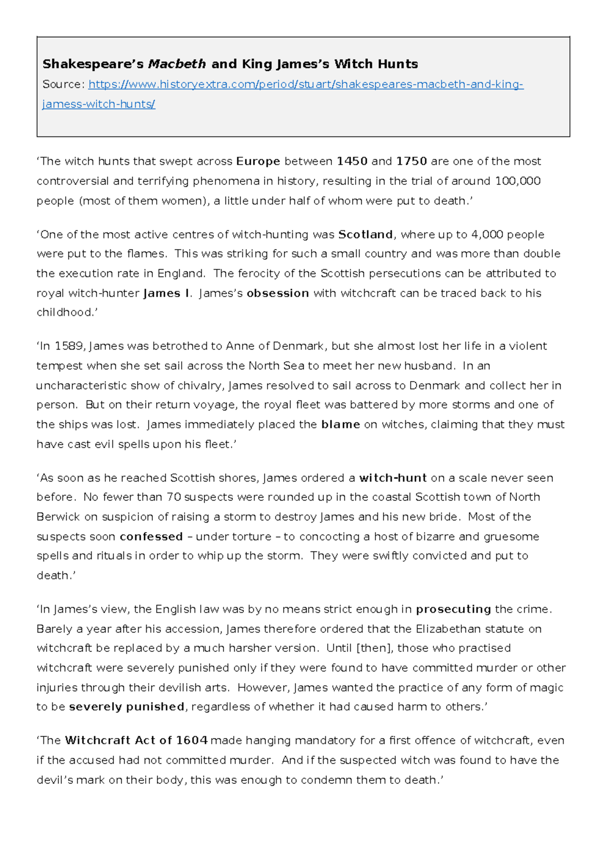 Macbeth and King James I: Witch Hunts in Scotland (1450-1750) - Studocu