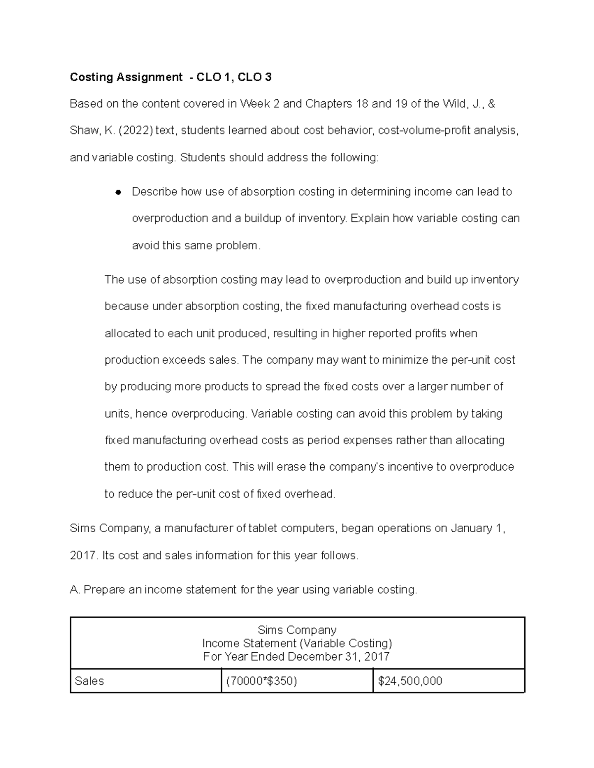 Costing Assignment Analysis - CLO 1, CLO 3 - Studocu