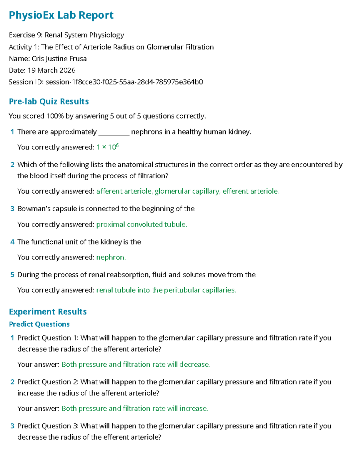 PhysioEx Lab Report: Exercise 9 - Renal System Physiology Activity 1 ...