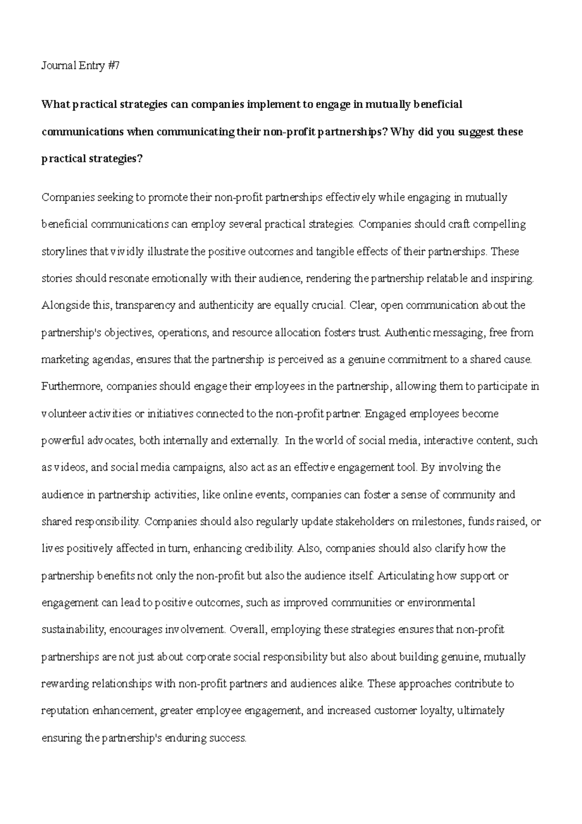 Journal Entry #7 - Tut work - Journal Entry # What practical strategies ...