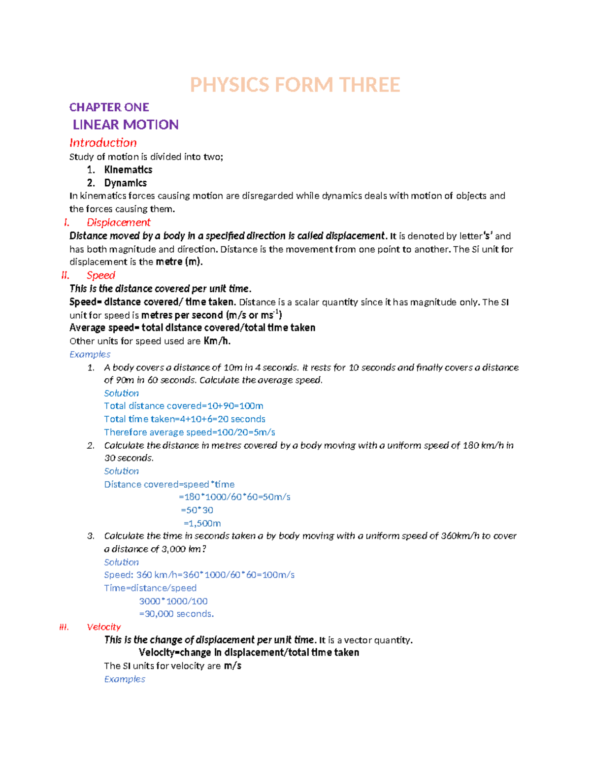 PHYSICS FORM 3 CHAPTER ONE: LINEAR MOTION NOTES - Studocu