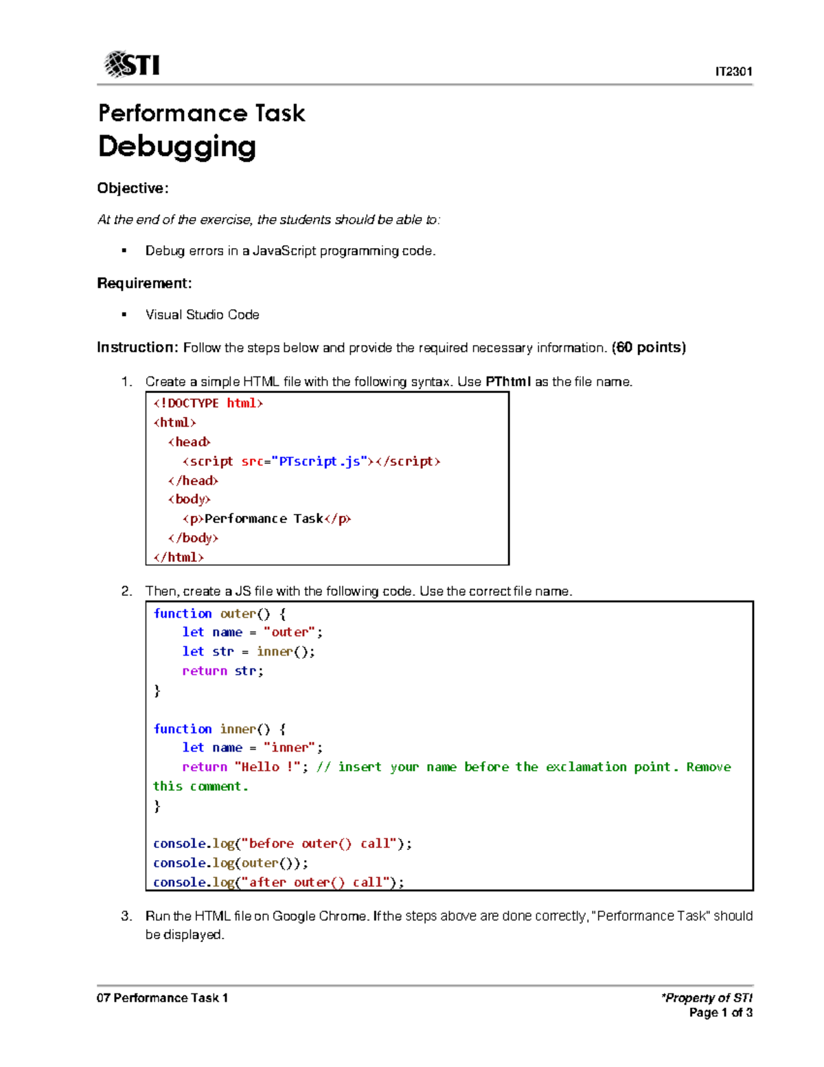 IT 2301: Debugging Performance Task 1 Instructions and Guidelines - Studocu