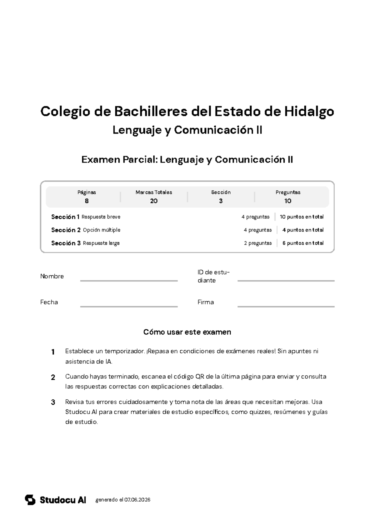 Examen Parcial: Lenguaje y Comunicación II - Studocu