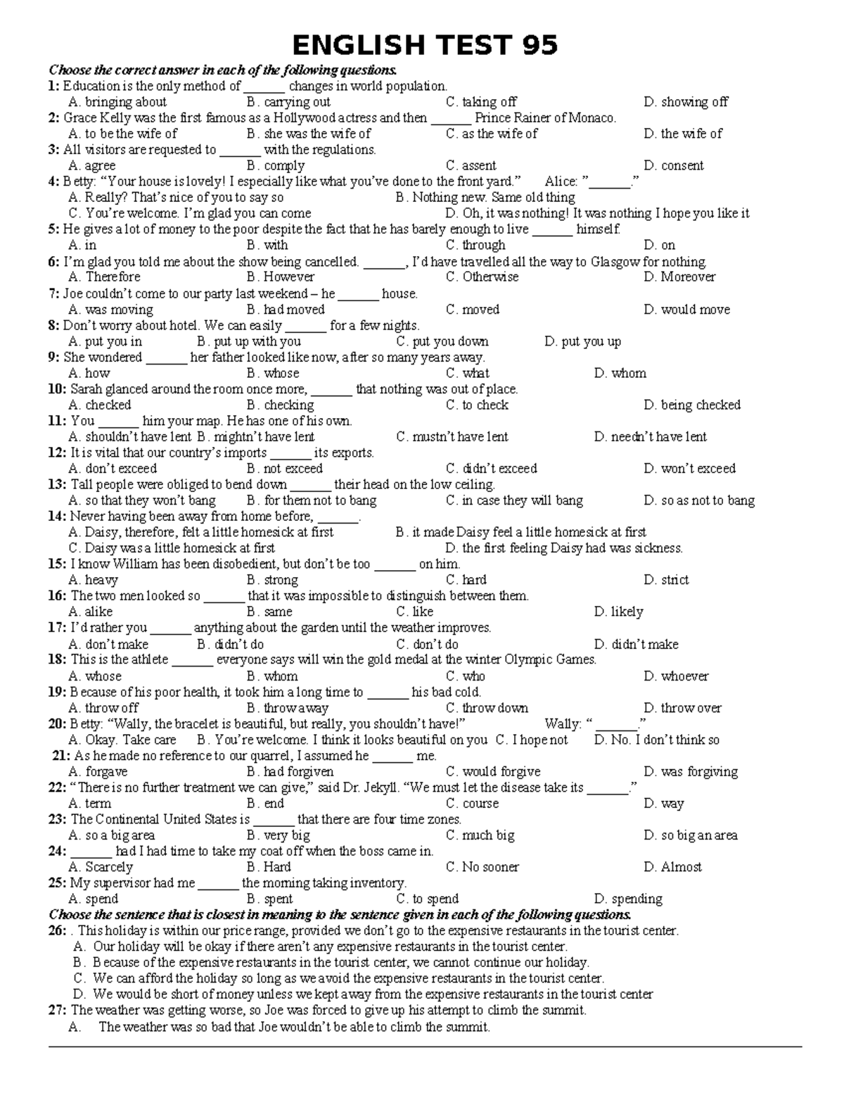 đề 95 - Test - ENGLISH TEST 95 Choose the correct answer in each of the ...