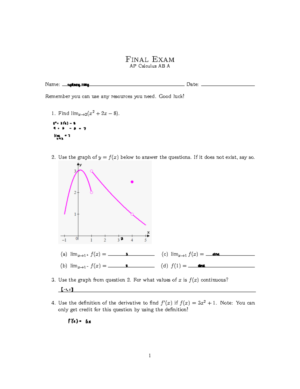 Final Exam Review AP Calculus AB - Semester 1 Practice Questions - Studocu