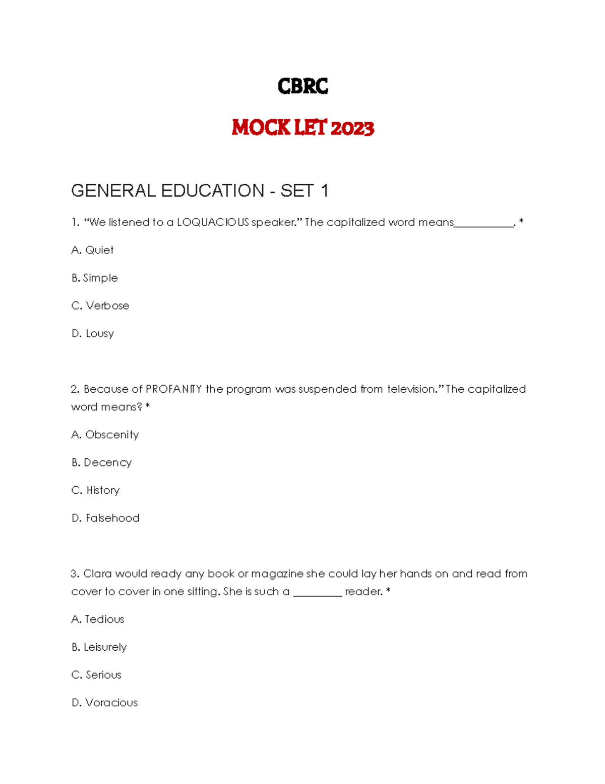 CBRC MOCK LET 2023 - General Education Set 1 Mock Test Questions - Studocu