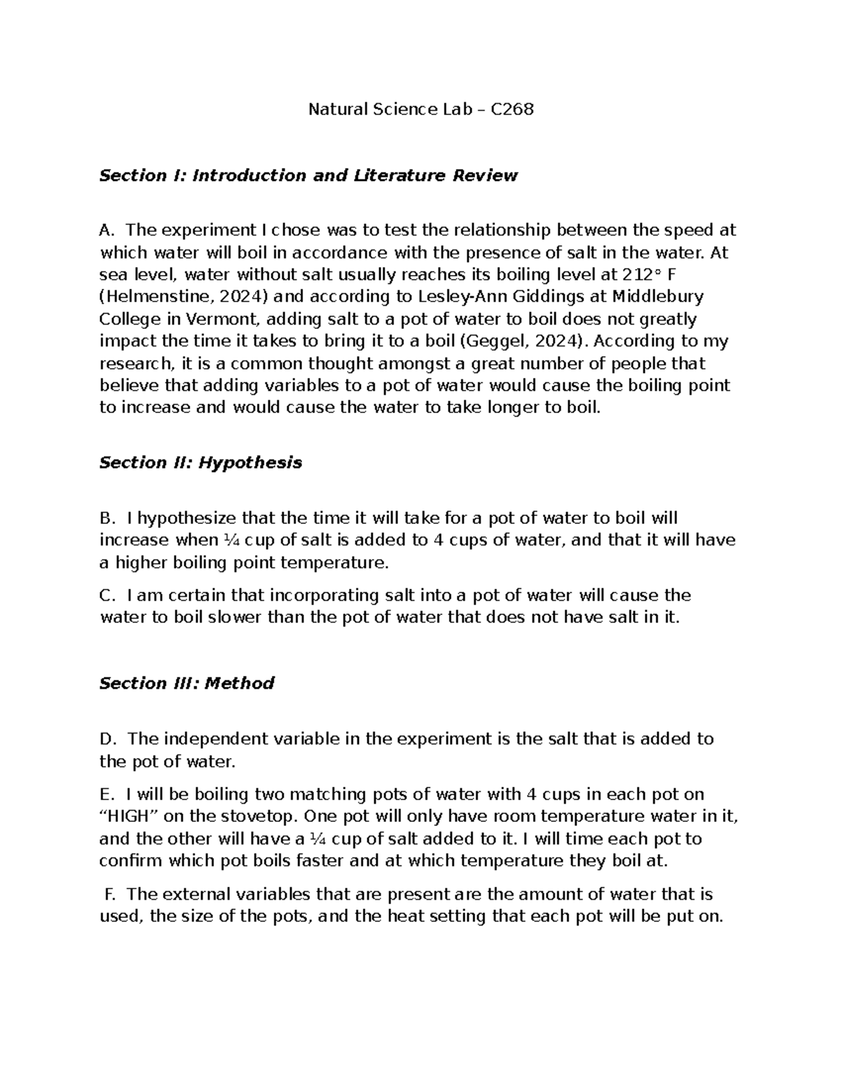 Natural Science Lab Experiment on Salt and Water Boiling - C683 - Studocu