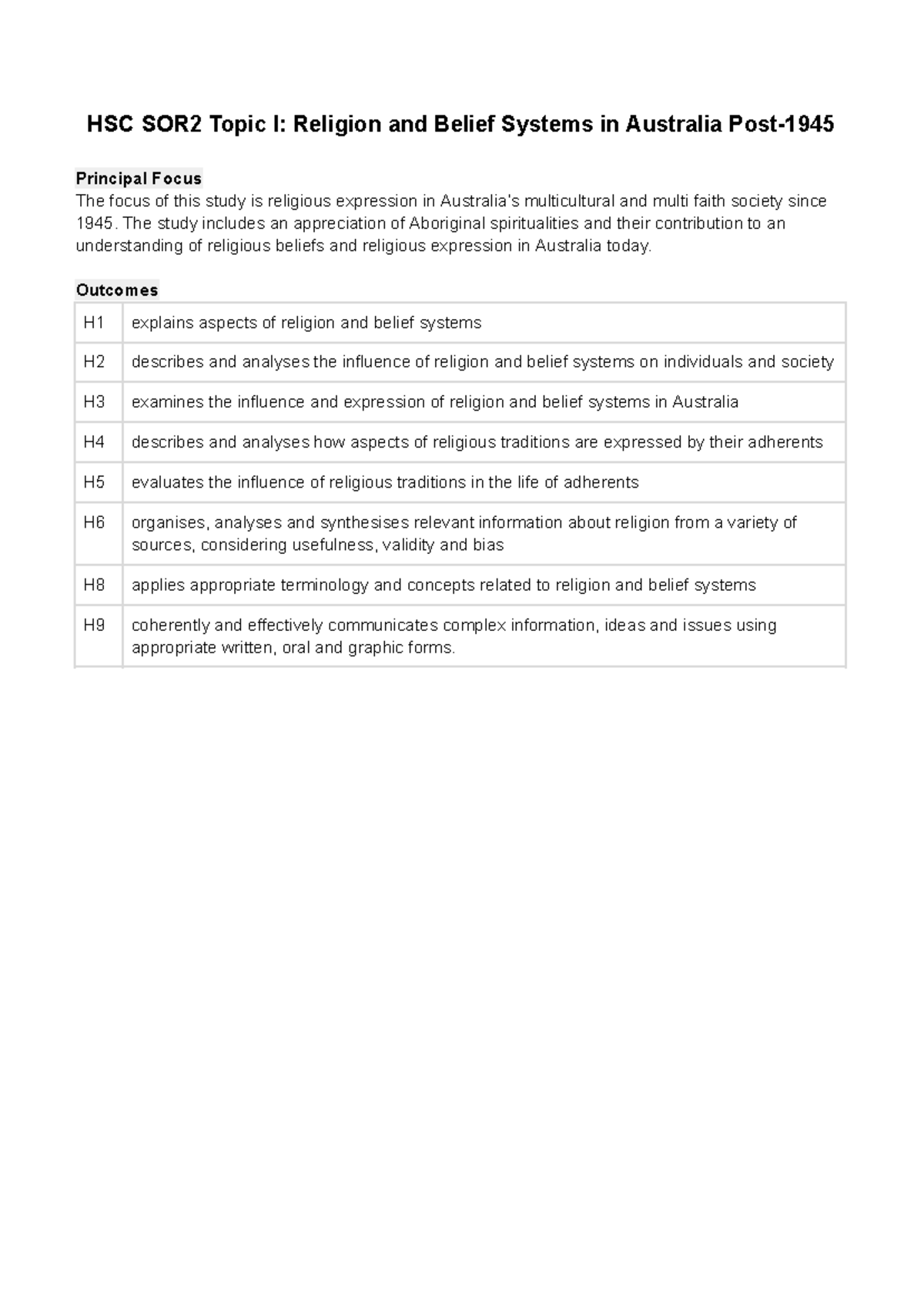 HSC SOR2 Topic I: Religion and Belief Systems in Australia ...