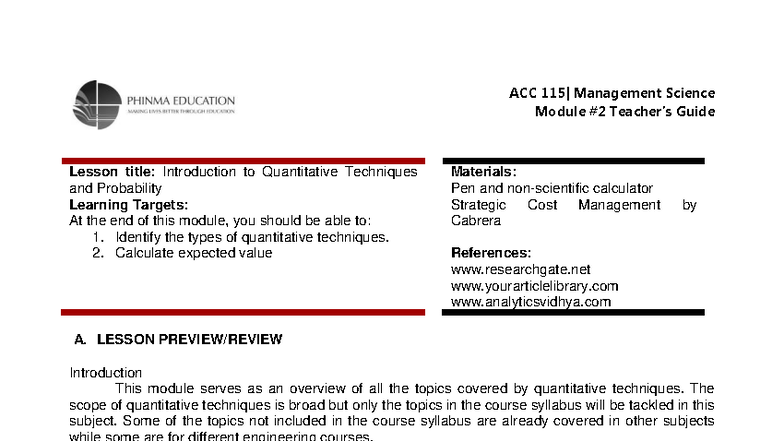 ACC Management Science Module Guide: Intro to Quantitative Techniques ...