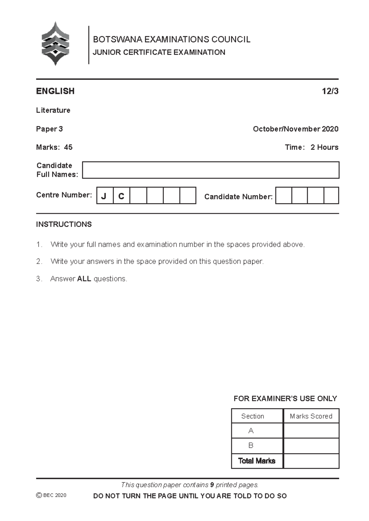 English Literature Paper 3 - BEC 2020 Junior Certificate Exam - Studocu