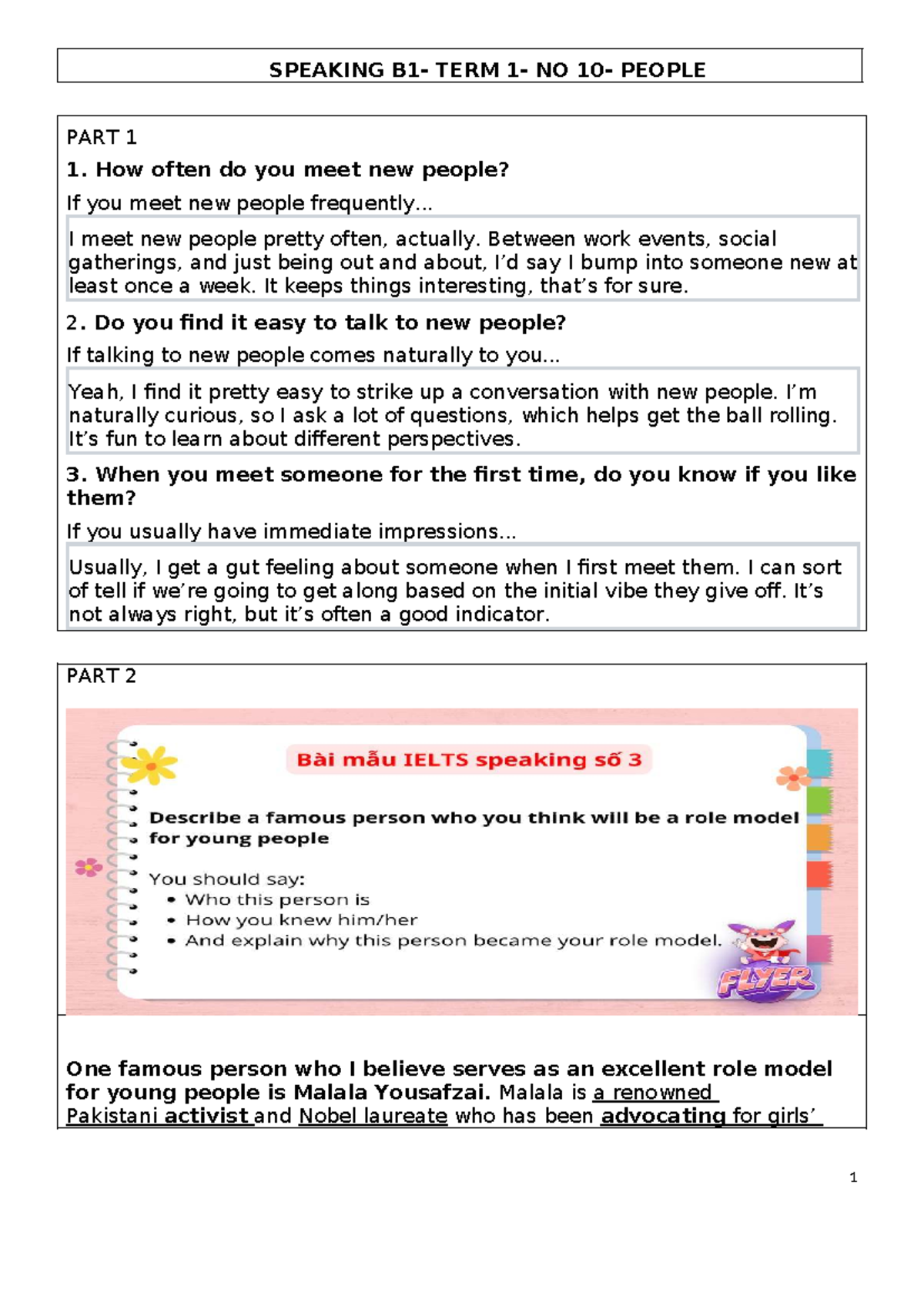 Speaking B1 - Term 1 - No 10 - People and Role Models - Studocu