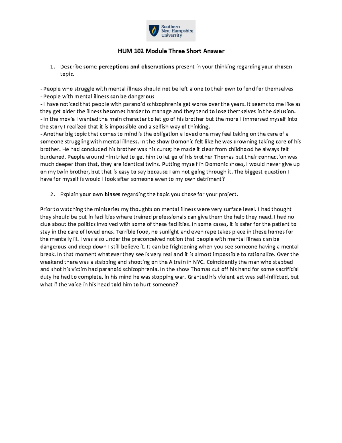 HUM 102 Module 3: Short Answer Reflection on Mental Health Issues - Studocu
