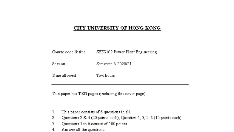 SEE3102 Power Plant Engineering Final Exam Question Paper - Studocu