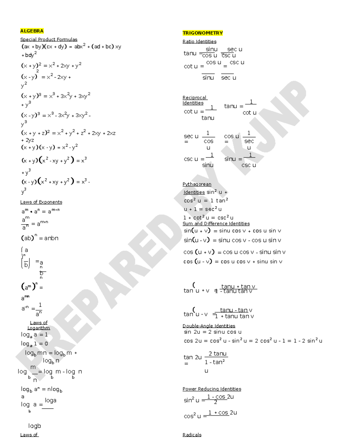 ALGEBRA & TRIGONOMETRY FORMULAS - CE 101 - Studocu
