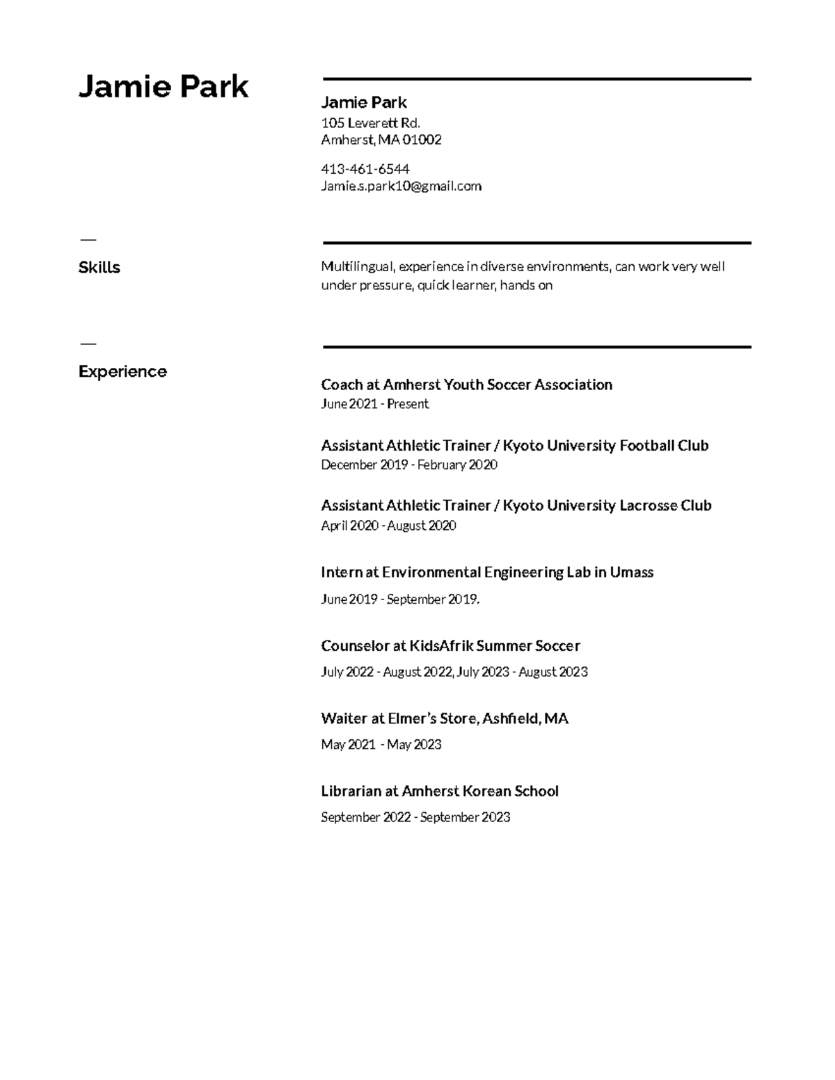 Resume - Jamie Park - Skills & Experience Overview - Studocu