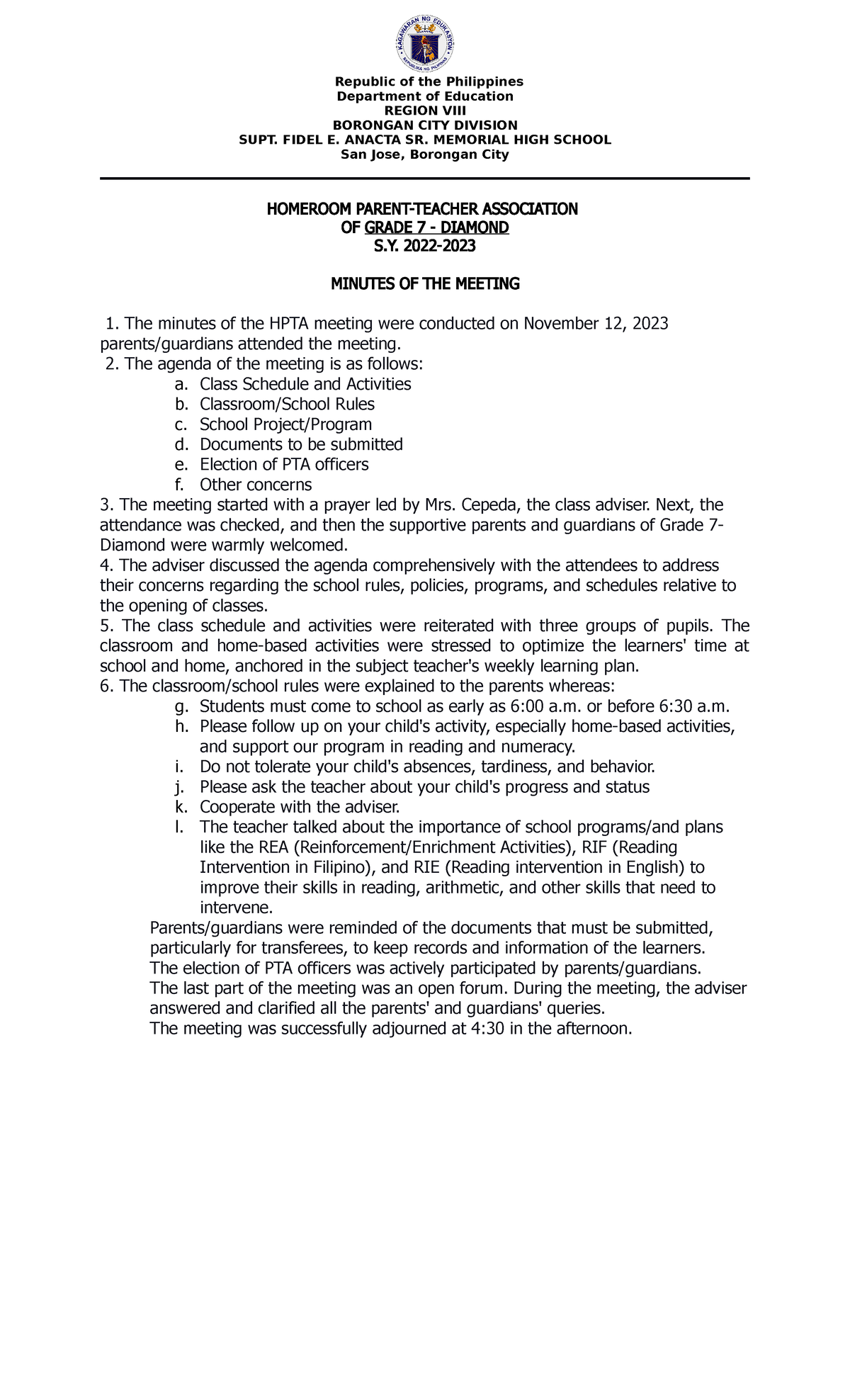 HPTA Meeting Minutes - Grade 7 Diamond - S.Y. 2022-2023 - Studocu