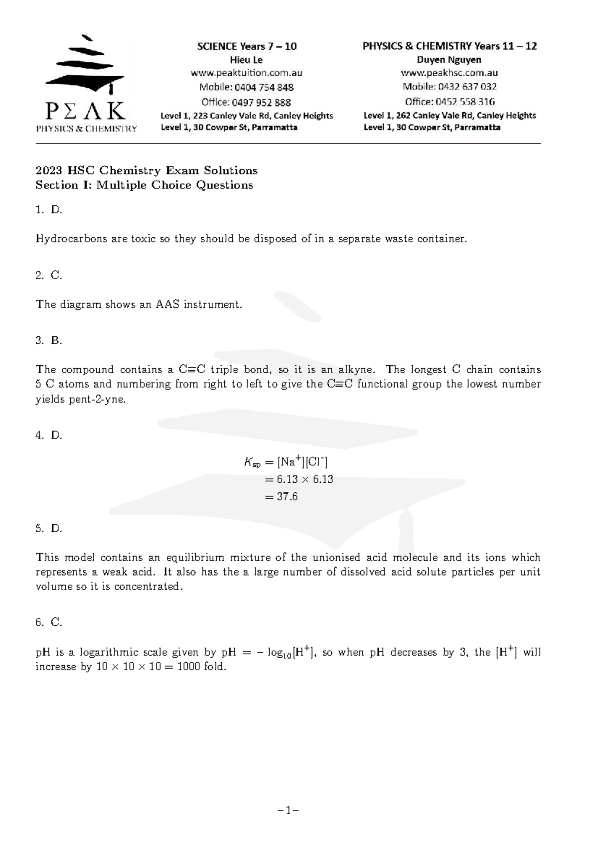 PEAK HSC 2023 Chemistry Exam Solutions: Multiple Choice & Detailed ...