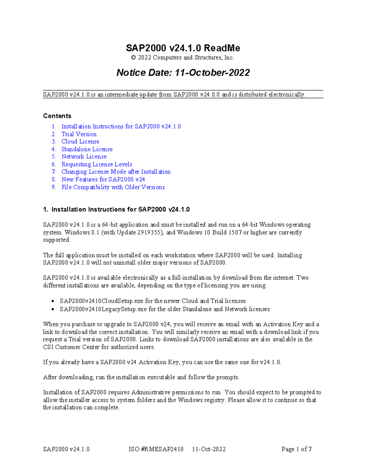 SAP2000 v24.1 Update ReadMe - Installation & Licensing Instructions ...