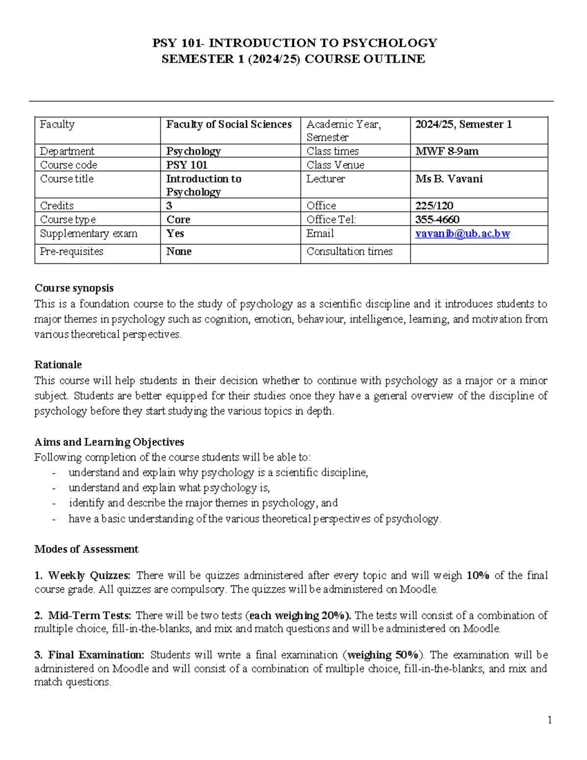 PSY101 Introduction to Psychology Course Outline 2024-25 - Studocu
