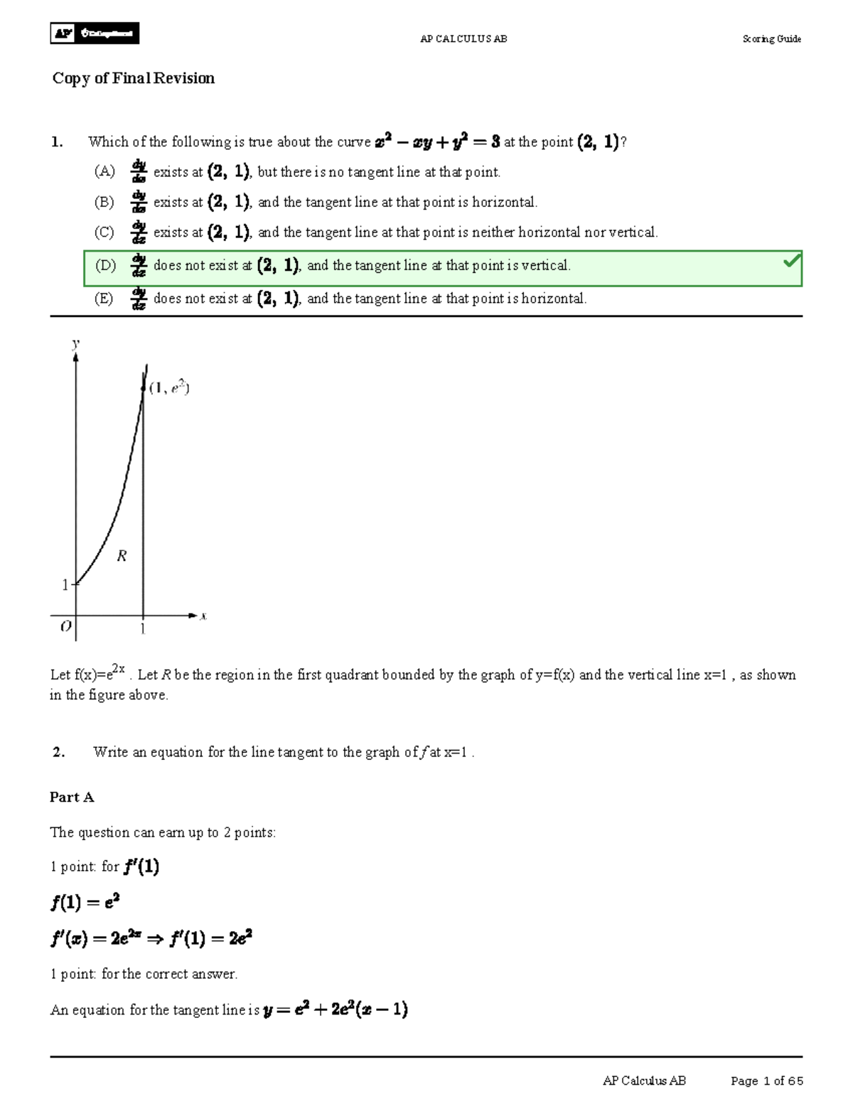 AP CALCULUS AB Final Exam Scoring Guide Revision 1 - Studocu